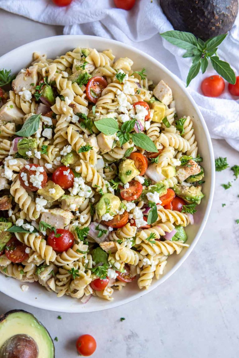 Healthy Chicken Avocado Pasta Salad with Tomato, and Basil - StylePersuit